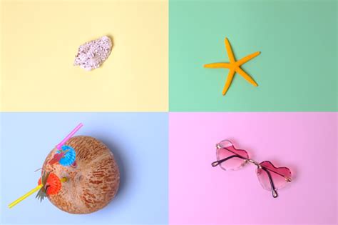 파스텔 색상의 화려한 배경에 불가사리 껍질 하트 모양 선글라스와 코코넛 칵테일 0명에 대한 스톡 사진 및 기타 이미지 0명 가방 노랑 Istock