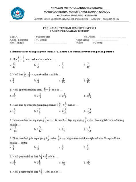 Soal Pts Matematika Kelas 5 Sem 1 Pdf