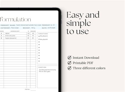 Skincare Formulation Template Pdf Printable Recipe Cosmetics Natural