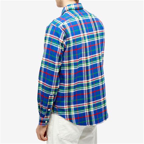Polo Ralph Lauren Mens Brushed Flannel Plaid Check Shirt In Royal White Multi Polo Ralph Lauren