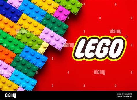 Close Up Of Colorful Lego Blocks With The Lego Logo Over Red Background Illustrative Editorial Close Up Of Colorful Lego Blocks With The Lego Logo Over Red Background Illustrative Editorial