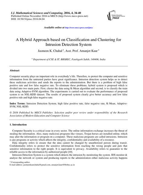 Pdf A Hybrid Approach Based On Classification And Clustering For Intrusion Detection System
