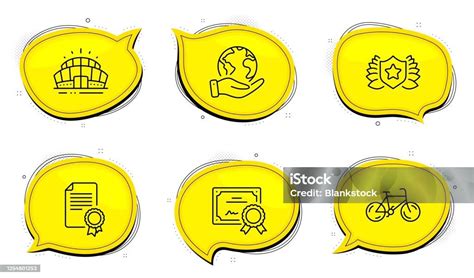 인증서 자전거 및 수상자 아이콘 세트 아레나 스타디움 사인 디플로마 자전거 수상 방패 스포츠 단지 벡터 Championship에 대한 스톡 벡터 아트 및 기타 이미지