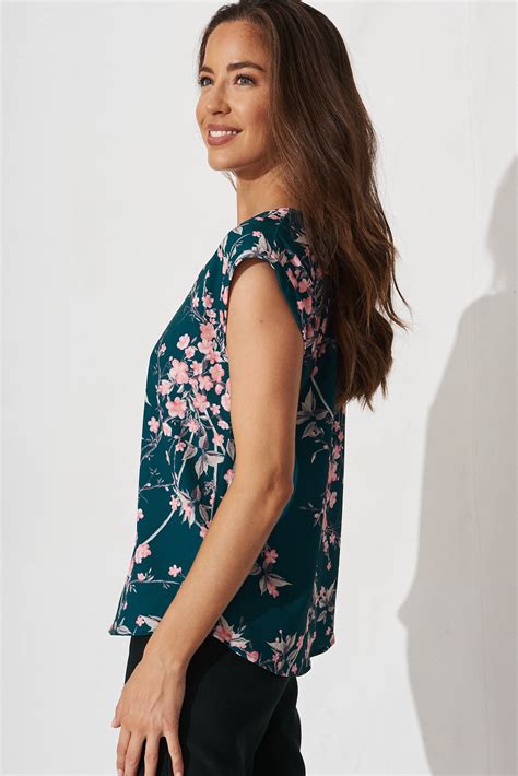Jina Top In Teal With Pink Cherry Blossom St Frock