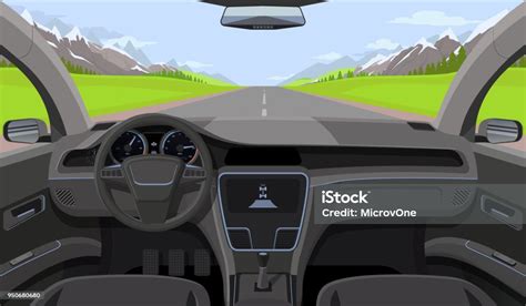 차량 살롱 방향 타 대시보드 및도 자동차 드라이버 보기 내부 유리창에 풍경 운전 시뮬레이터 벡터 일러스트 레이 션 차에 대한 스톡 벡터 아트 및 기타 이미지 Istock