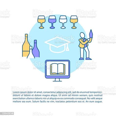 텍스트와 와인 시음 온라인 가이드 개념 아이콘 인터넷 코스에서 알코올에 대해 알아보세요 Ppt 페이지 벡터 템플릿입니다 브로셔 잡지 선형 일러스트가 있는 소책자 디자인 요소
