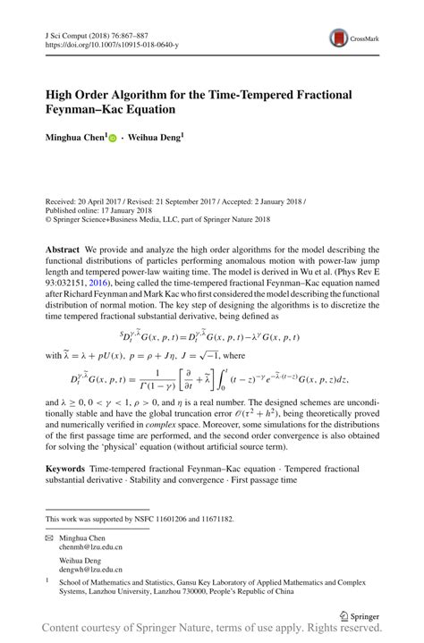 High Order Algorithm For The Time Tempered Fractional Feynman Kac Equation Request Pdf