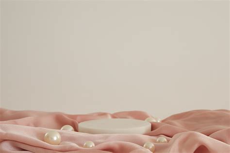 진주 흰색 배경핑크 실크 패브릭에 흰색 대리석 연단 제품 화장품 프리젠 테이션연단 창조적 인 조롱 미용 제품을 위한 받침대 또는 플랫폼 0명에 대한 스톡 사진 및 기타