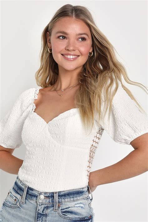 Ivory Crochet Lace Top Sheer Back Top Puff Sleeve Top Lulus