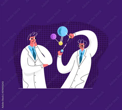 Vector Flat Illustration Scientists Who Assemble Model Of Molecule And Analyze Result Concept