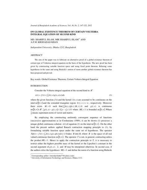 Pdf On Global Existence Theorem Of Certain Volterra Integral Equation Of Second Kind