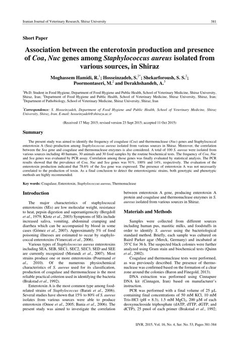 Pdf Association Between The Enterotoxin Production And Presence Of Coa Nuc Genes Among