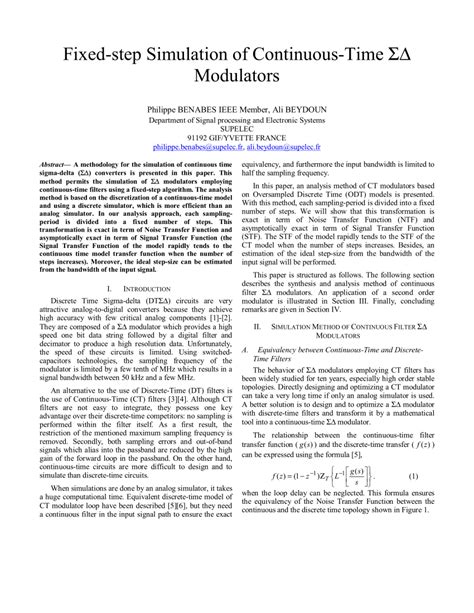 Pdf Fixed Step Simulation Of Continuous Time ΣΔ Modulators