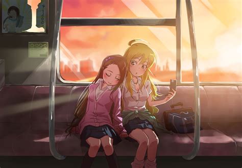 2girls Blonde Hair Blush Brown Hair Hoshii Miki Idolmaster Kneehighs