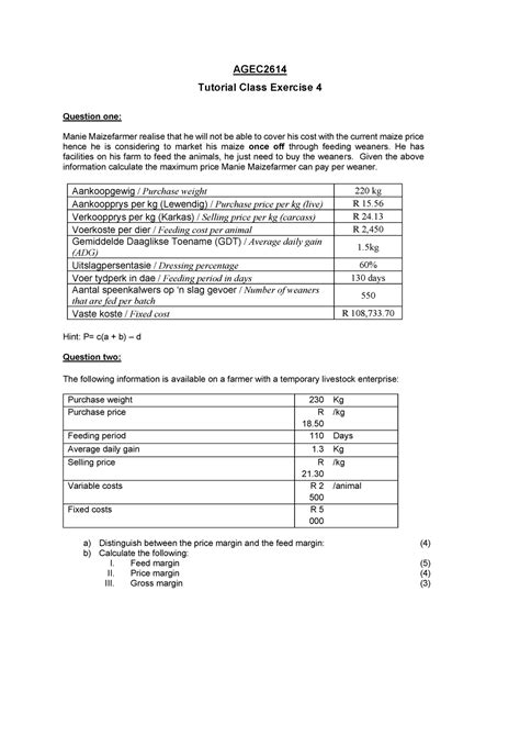 Agec2614 Tutorial Class Exercise 4 Wth Agec Tutorial Class Exercise 4 Question One Manie