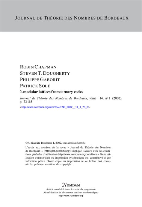 Pdf 2 Modular Lattices From Ternary Codes Patrick Sole