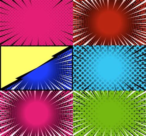 광선 방사형 하프톤 및 점선 효과 팝 아트 스타일이 포함된 만화책 다채로운 프레임 배경 프리미엄 벡터