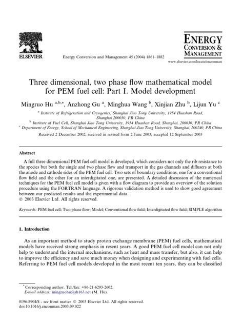 Pdf Three Dimensional Two Phase ﬂow Mathematical Model For Pem Fuel Cell Part I Model