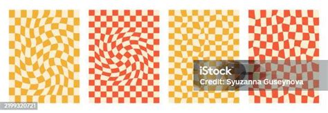 바둑판 배경 세트입니다 사이키델릭 체커 포스터 템플릿 빈티지 왜곡 된 그리드 및 줄무늬 Y2k 수직 텍스처 벡터 장난스러운 평면 기하학적 물결 모양 모자이크 배경 1970