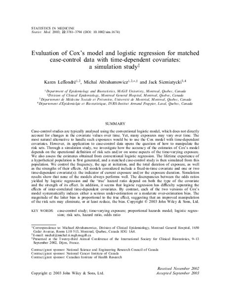 Pdf Evaluation Of Coxs Model And Logistic Regression For Matched