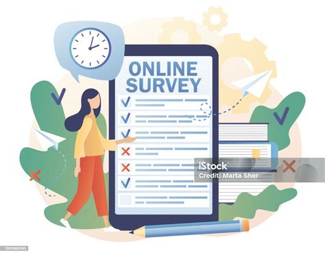 스마트 폰 응용 프로그램에서 온라인 설문 조사 양식을 작성하는 작은 여성 온라인 설문조사 개념 피드백 서비스 인터넷 측량 설문지 고객 투표 현대 플랫 만화 스타일 벡터