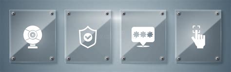 Set Fingerprint Password Protection Shield With Check Mark And Security Camera Square Glass