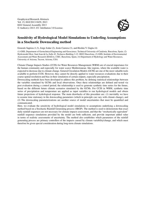 Pdf Sensitivity Of Hydrological Model Simulations To Underling Assumptions In A Stochastic