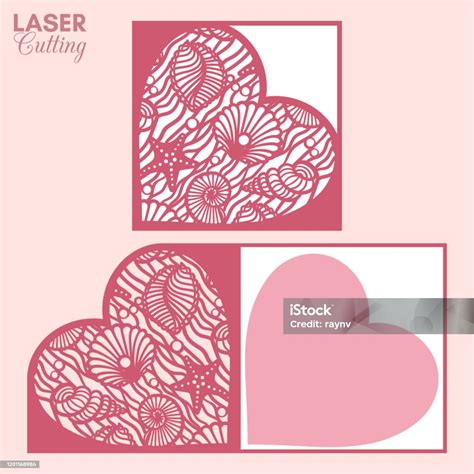 브로셔 결혼식 초대장 또는 발렌타인 데이 인사말 카드에 대한 바다 조개 패턴 하트 접이식 카드의 레이저 컷 템플릿 결혼식에 대한 스톡 벡터 아트 및 기타 이미지 Istock