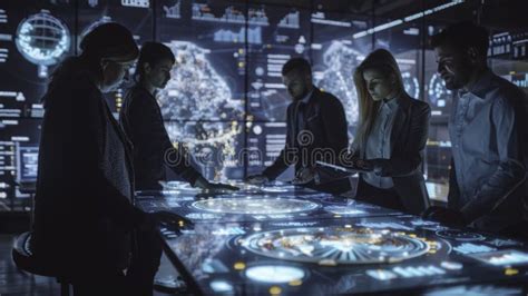 A Diverse Team Collaborating Around A Futuristic Touchscreen Interface Analyzing Global Data And
