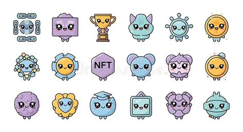 Kawaii Crypto And Technology Character Icon Set Stock Vector