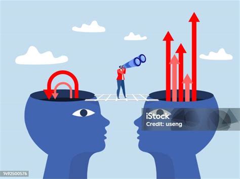 거대한 쌍안경을 들고 있는 사업가는 머리 발견 기회 도전 개념 벡터 일러스트레이터에 대한 다양한 성장 마인드셋과 고정 마인드셋