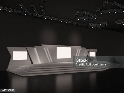 계단 투시도가 있는 이벤트 빈 무대 디자인 프로젝션을 위한 중앙 Led 스크린과 양면 Led 및 천장 스포트라이트 시스템 홀의 플랫폼 요소 3d 렌더링 그림 0명에 대한