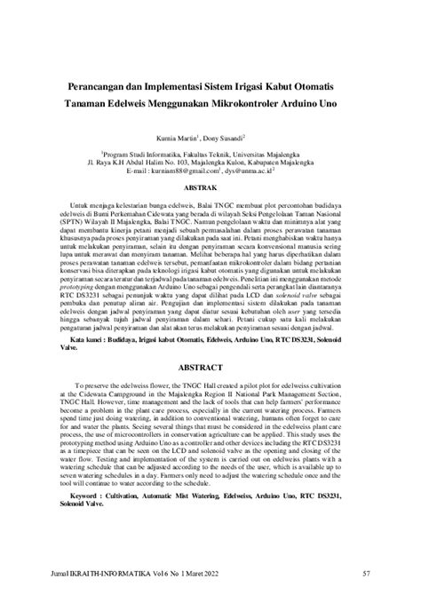 Pdf Perancangan Dan Implementasi Sistem Irigasi Kabut Otomatis Tanaman Edelweis Menggunakan