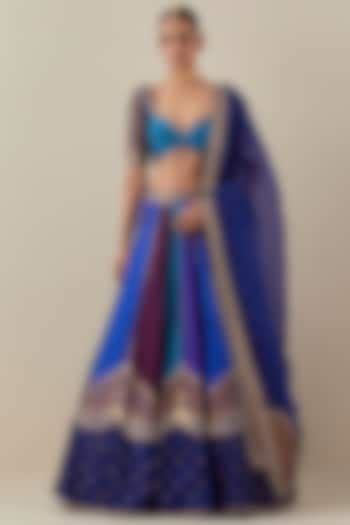 Blue And Purple Raw Silk Hand Embroidered Wedding Lehenga Set By Priyal