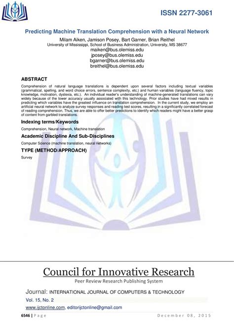 Pdf Predicting Machine Translation Comprehension With A Neural Network