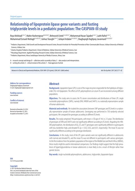 Pdf Relationship Of Lipoprotein Lipase Gene Variants And Fasting Triglyceride Levels In A