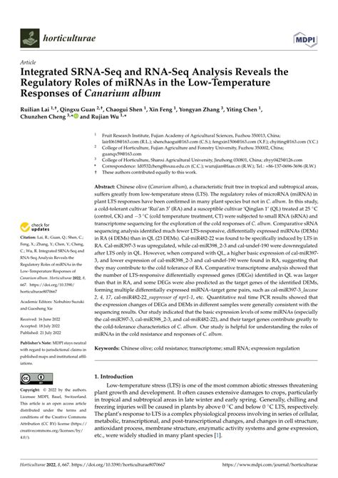 Pdf Integrated Srna Seq And Rna Seq Analysis Reveals The Regulatory Roles Of Mirnas In The Low