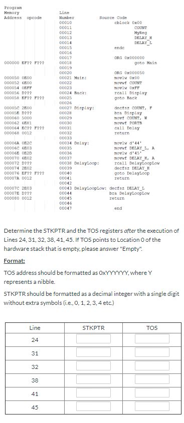 program memory address opcode 000000 ef 000050