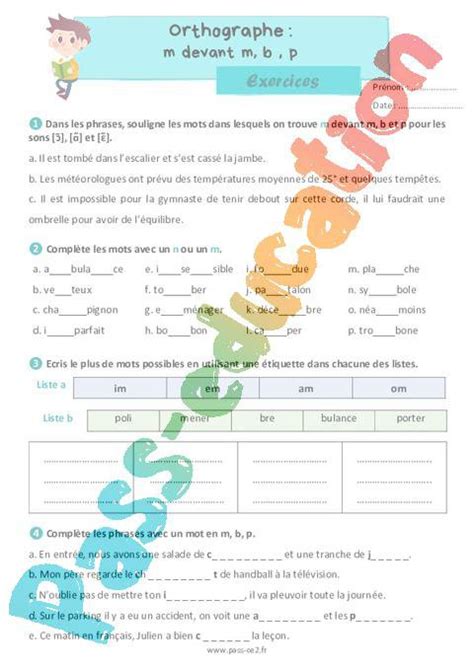 M Devant M B P Exercices Dorthographe Pour Le Ce2 Pdf à Imprimer