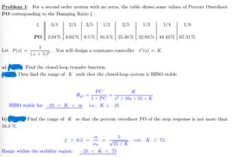 Answered Problem 1 For A Second Order System With No Zeros The Table