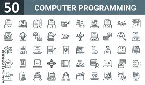 Set Of 50 Outline Web Computer Programming Icons Such As Log File