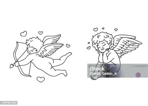 캐릭터 2 Amour 큐피드 발렌타인 데이 발렌타인 데이에 대 한 만화 캐릭터의 벡터 일러스트 만화 천사는 활에서 하트를 쏜다 0명에 대한 스톡 벡터 아트 및 기타 이미지