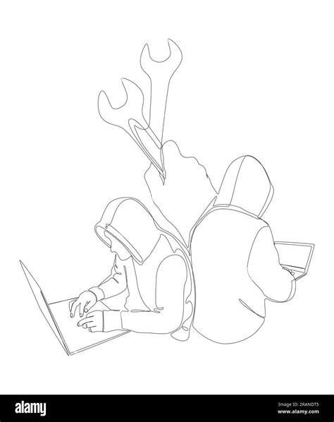 One Continuous Line Of Computer Hacker With Laptop And Wrench Thin Line Illustration Vector