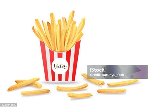 빨간색과 흰색 상자 템플릿 디자인의 감자 튀김 흰색 배경에 격리 프렌치 프라이에 대한 스톡 벡터 아트 및 기타 이미지 프렌치