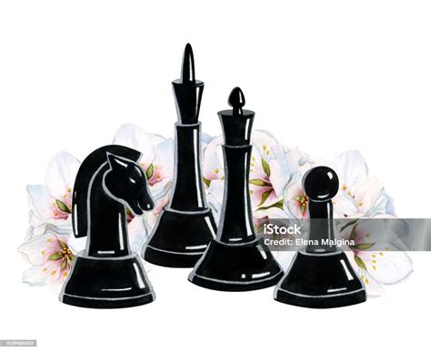 검은 왕 여왕 기사 전당포 체스 조각은 흰색과 분홍색 꽃이 있는 수채화 그림입니다 게임 스포츠 디자인을 위한 손으로 그린