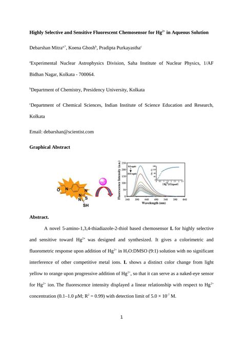Pdf Highly Selective And Sensitive Fluorescent Chemosensor For Hg2 In Aqueous Solution