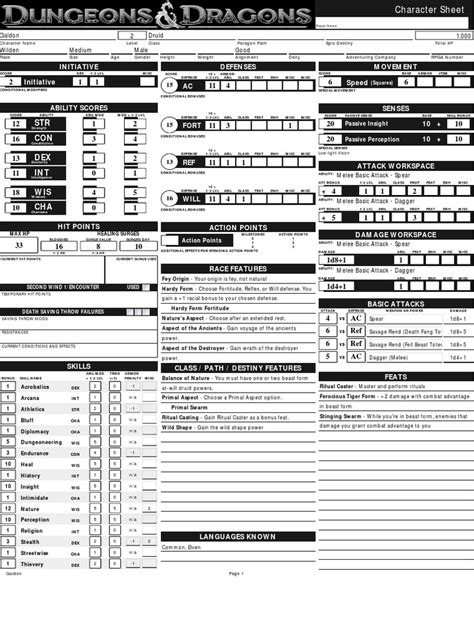 Dandd 4e Character Sheet Galdon Dungeons And Dragons Role Playing Games