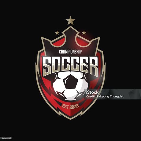 축구 축구 배지 엠블럼 골드 레드 디자인 템플릿 블랙 배경에 고립된 스포츠 팀 아이덴티티 벡터 일러스트 레이 션 Championship에 대한 스톡 벡터 아트 및 기타