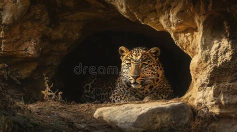 Leopard Resting In Dark Cave Entrance Stock Illustration Illustration
