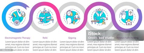 외부 에너지 의학 벡터 인포 그래픽 템플릿입니다 대체 치유 프리젠 테이션 디자인 요소 5단계로 데이터 시각화 프로세스 타임 라인 차트 선형 아이콘이 있는 워크플로 레이아웃